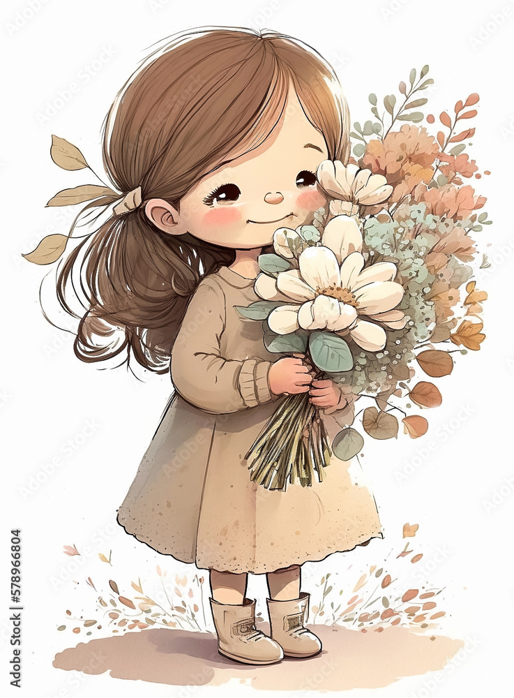 Cute little girl with a bouquet of flowers. Printable digital ...