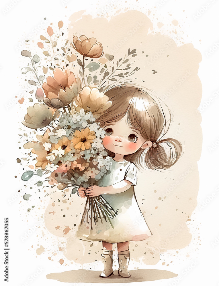 Cute little girl with a bouquet of flowers. Nursery art, watercolor ...