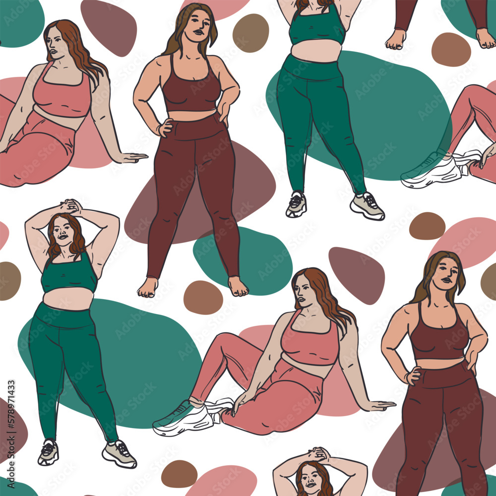 A pattern with a beautiful plump woman in different poses and ...