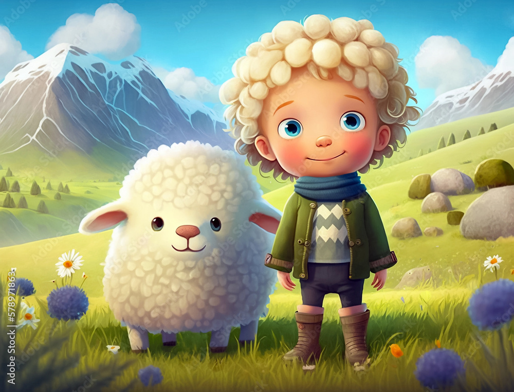 Smiling cartoon boy with sheep in the hill meadow. Pastel drawing ...