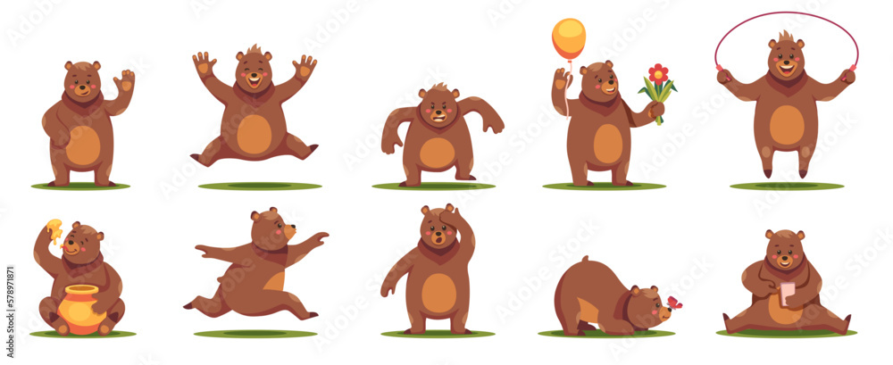 Cartoon bear. Cute friendly wildlife animals in different poses and ...