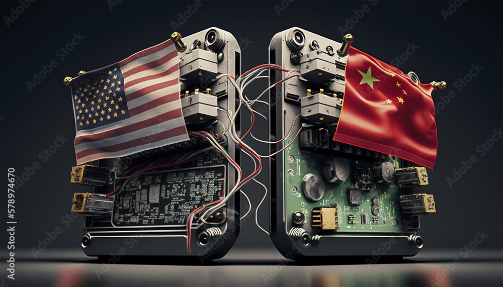 Flag of USA and China on a processor, CPU or GPU microchip on a ...