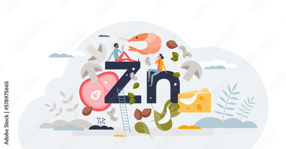 Zinc element in food as healthy rich product eating tiny person concept ...