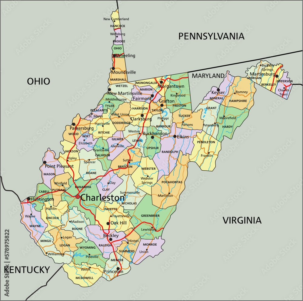 West Virginia - Highly detailed editable political map with labeling ...