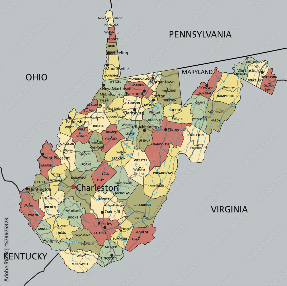West Virginia - Highly detailed editable political map with labeling ...