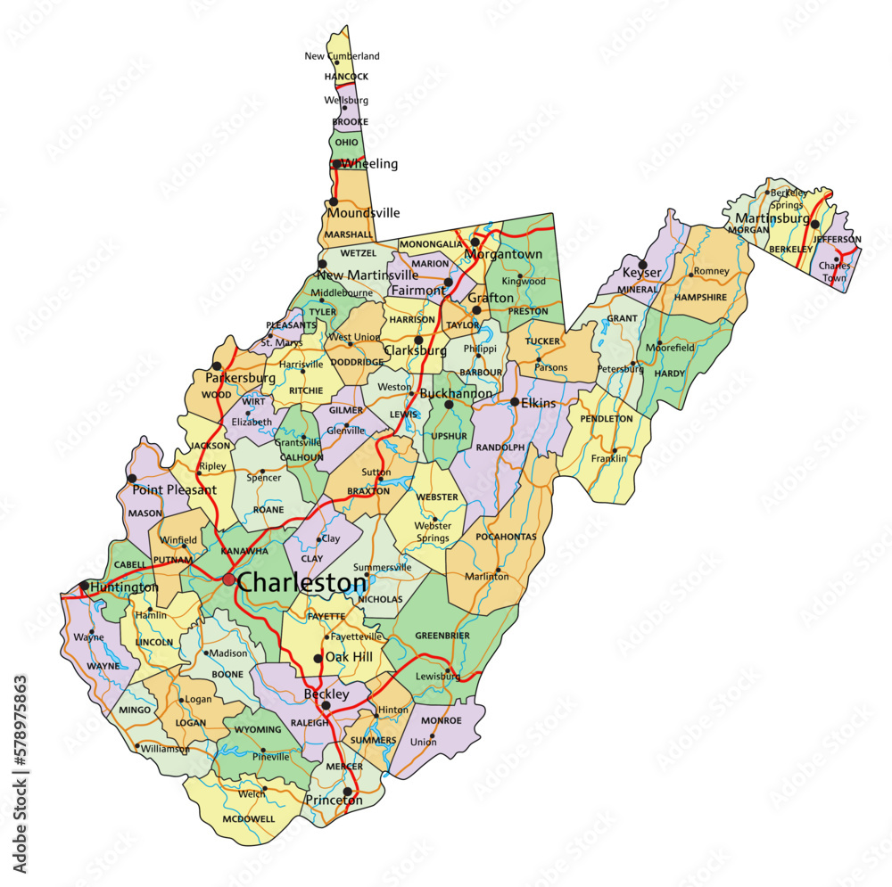 West Virginia - Highly detailed editable political map with labeling ...