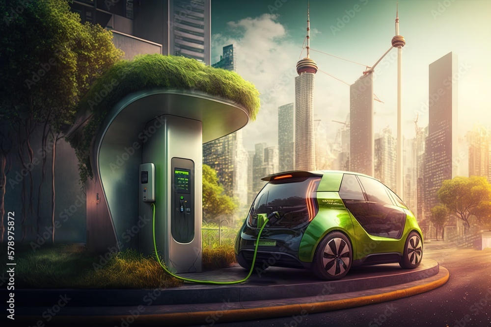 An electric car charging its batteries in a charger in the middle of ...