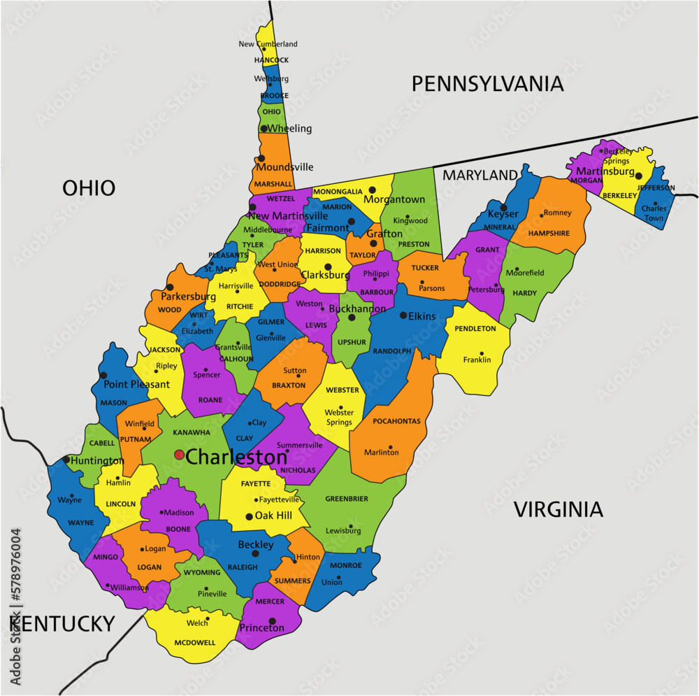 Colorful West Virginia political map with clearly labeled, separated ...