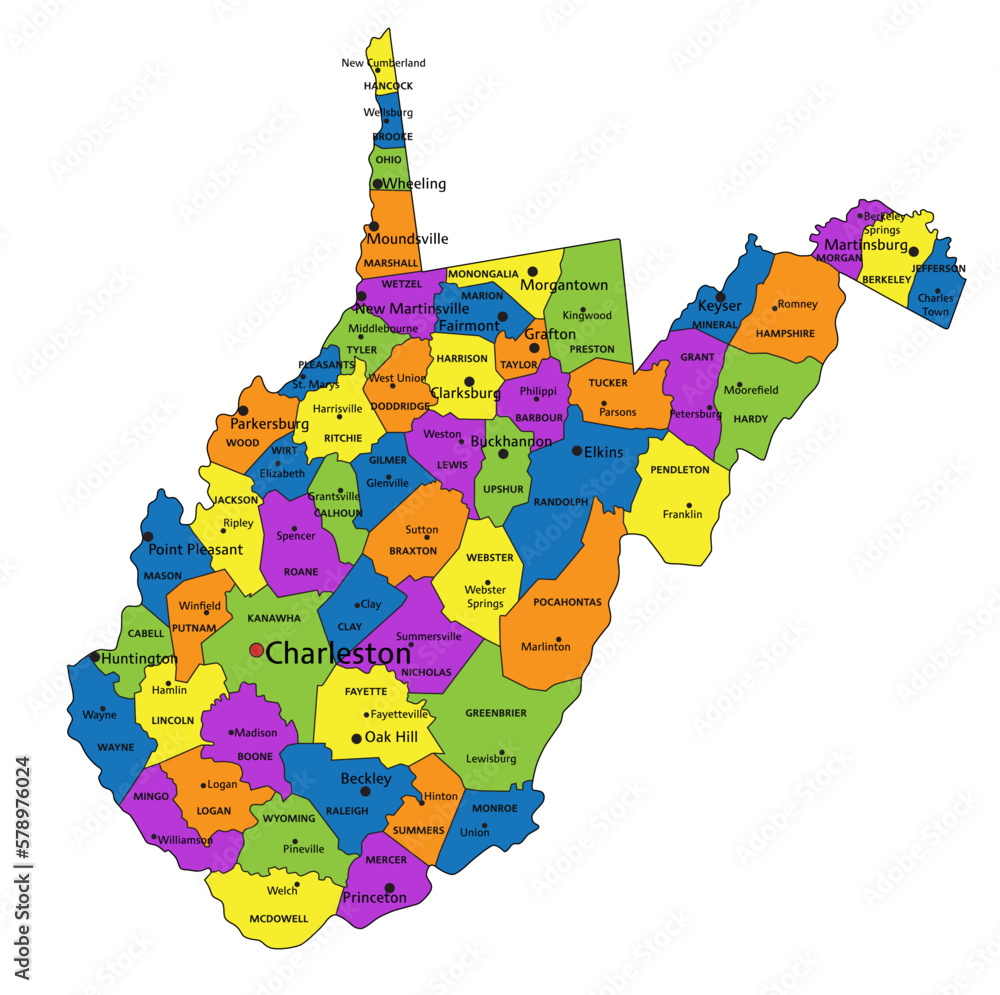Colorful West Virginia political map with clearly labeled, separated ...