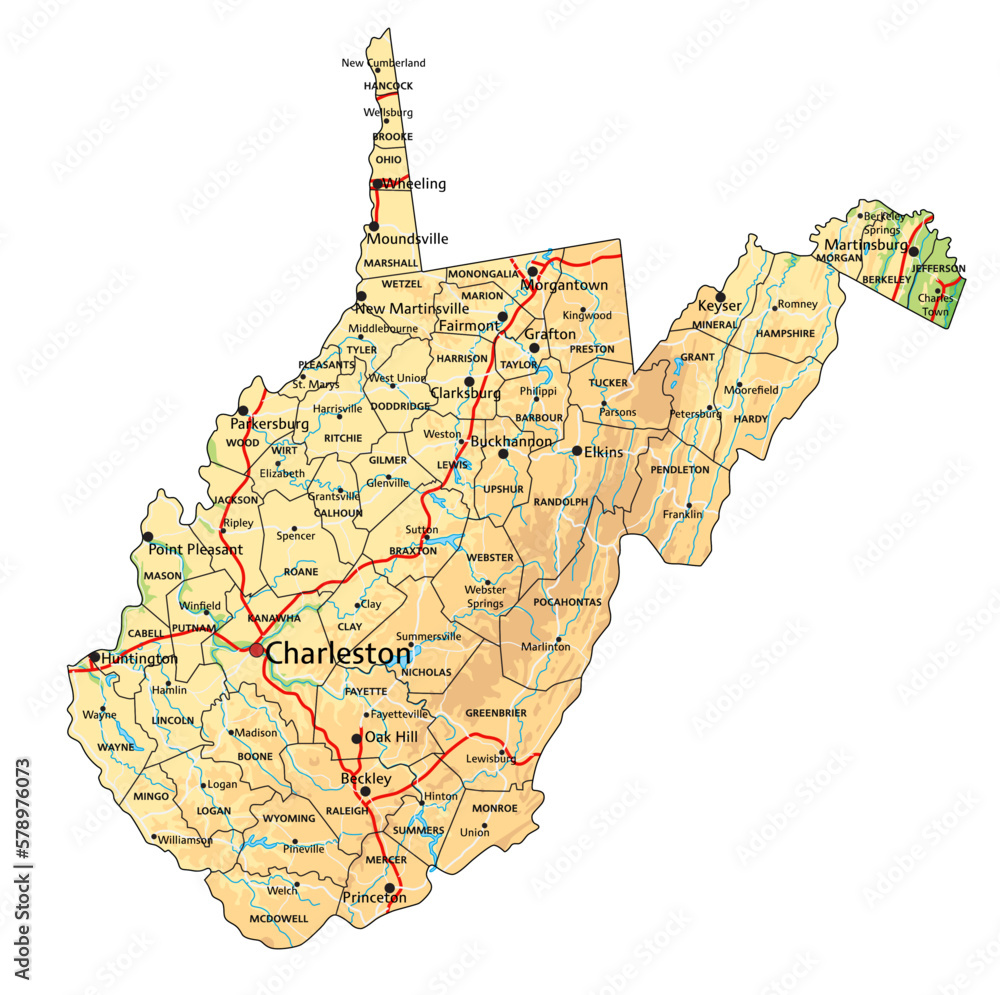 High detailed West Virginia physical map with labeling. Stock Vector ...