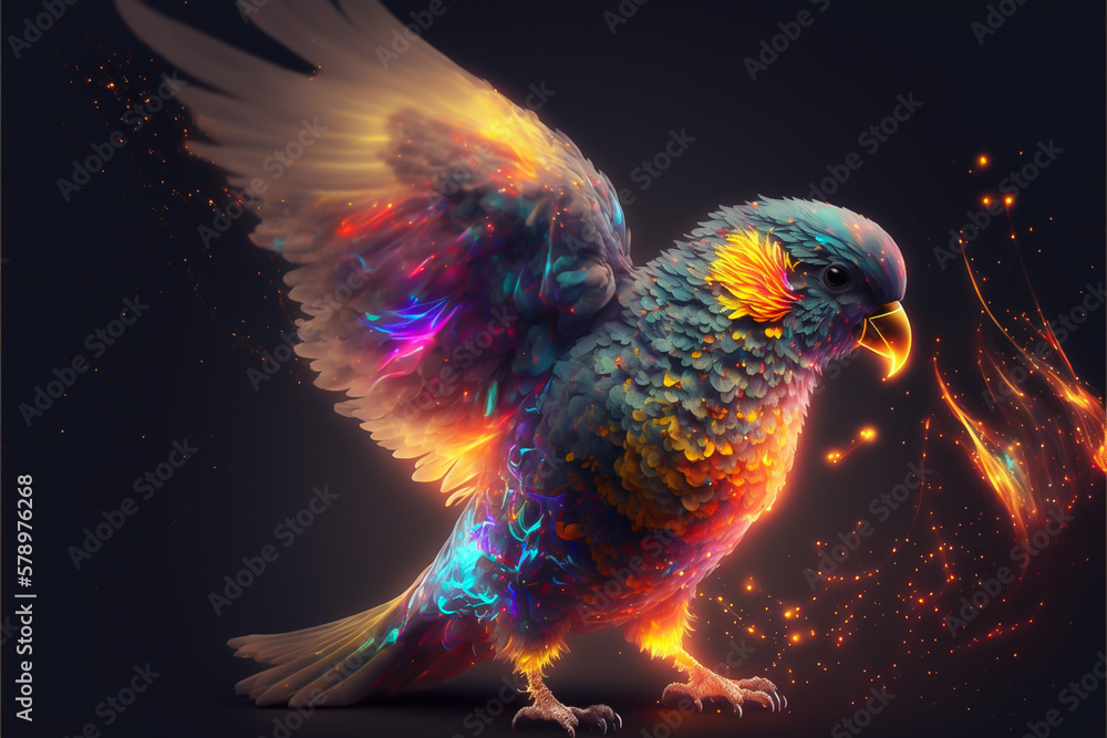 Colorful cartoon rainbow bird with black background. Wonderful electric ...
