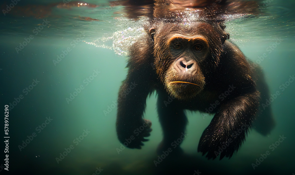 Monkey swims underwater in turquoise sea. Monkey hunting for fish in ...