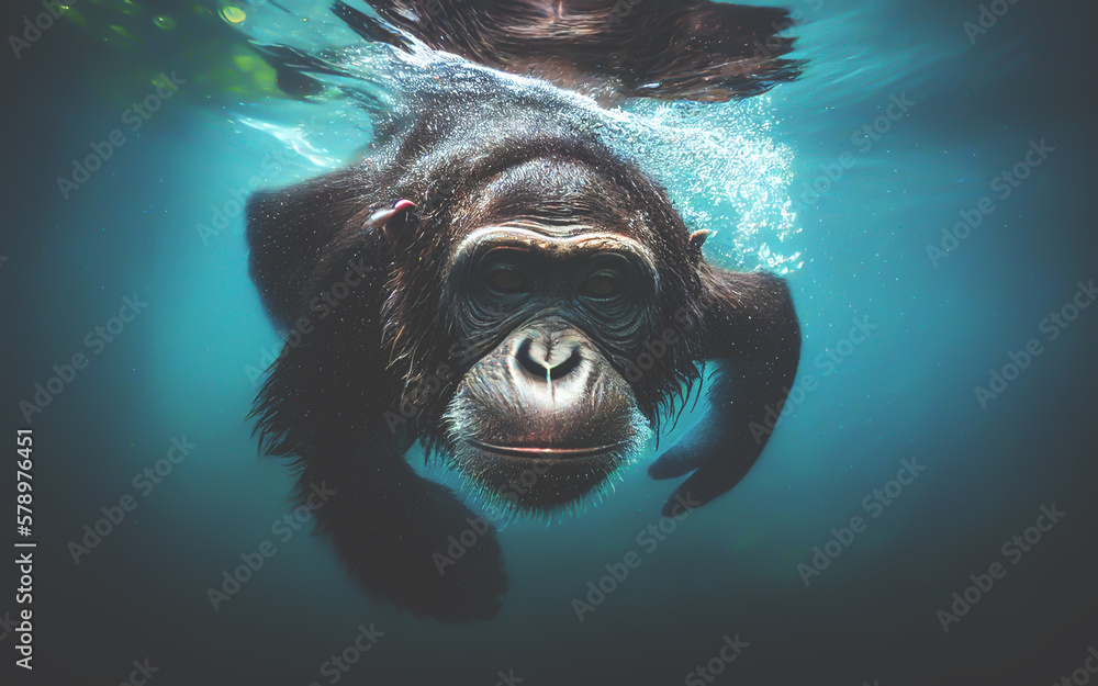 Monkey swims underwater in turquoise sea. Monkey hunting for fish in ocean. Funny surprised ...
