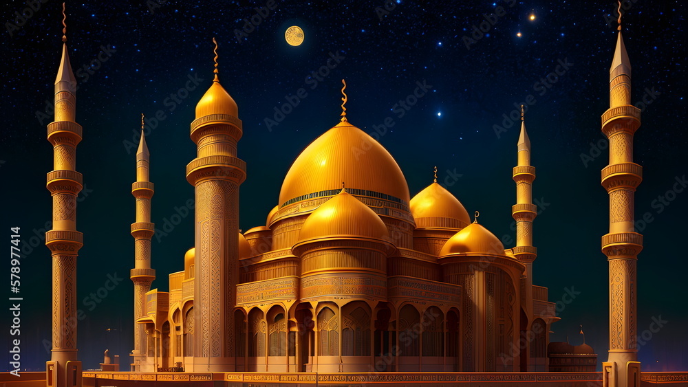 Ramadan Eid background Beautiful night view of mosque stars moon ...