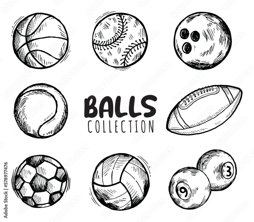 Hand drawn sketch set of sport balls isolated on white background ...
