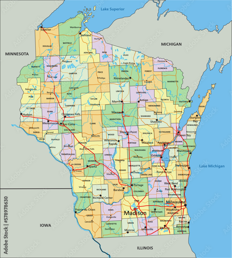 Wisconsin - Highly detailed editable political map with labeling. Stock ...