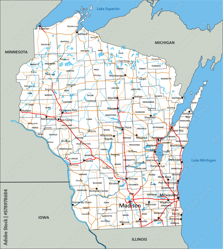 High detailed Wisconsin road map with labeling. Stock Vector | Adobe Stock