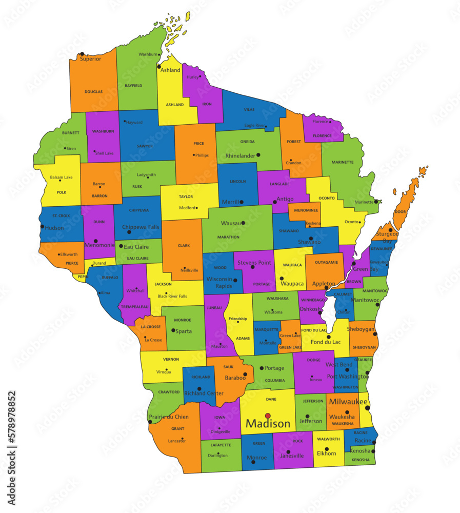 Colorful Wisconsin political map with clearly labeled, separated layers ...