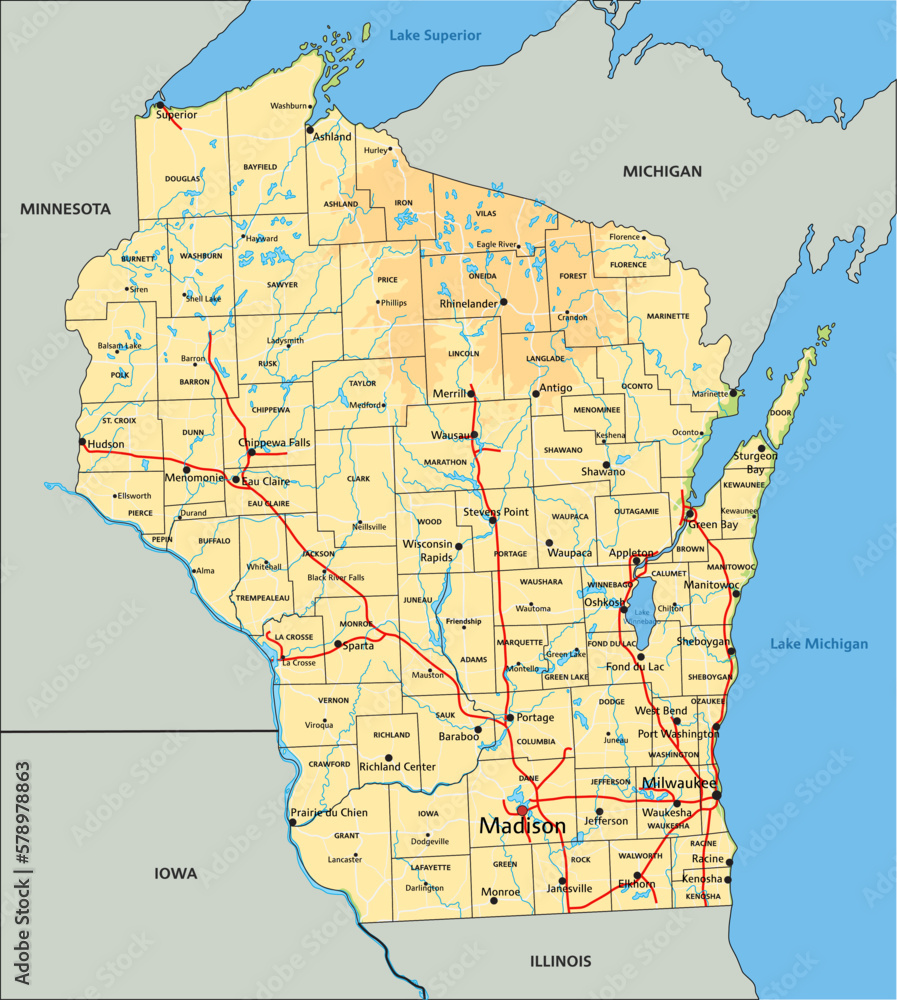 High detailed Wisconsin physical map with labeling. Stock Vector ...