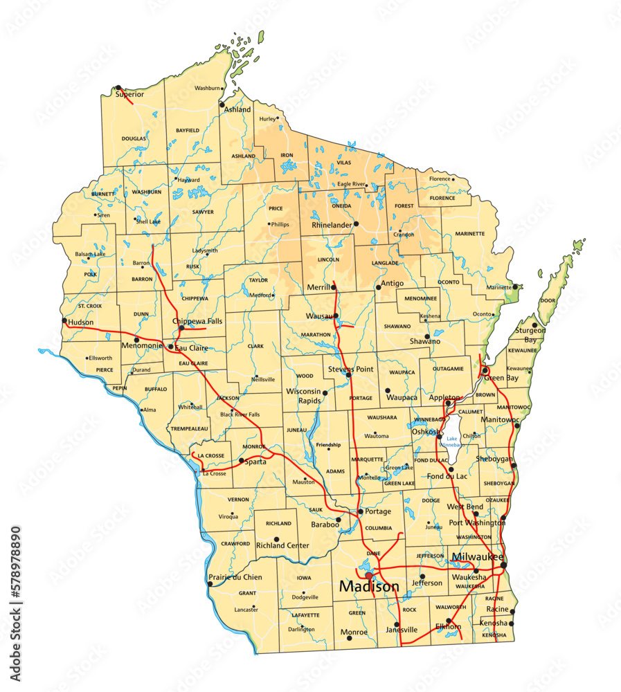 High detailed Wisconsin physical map with labeling. Stock Vector ...