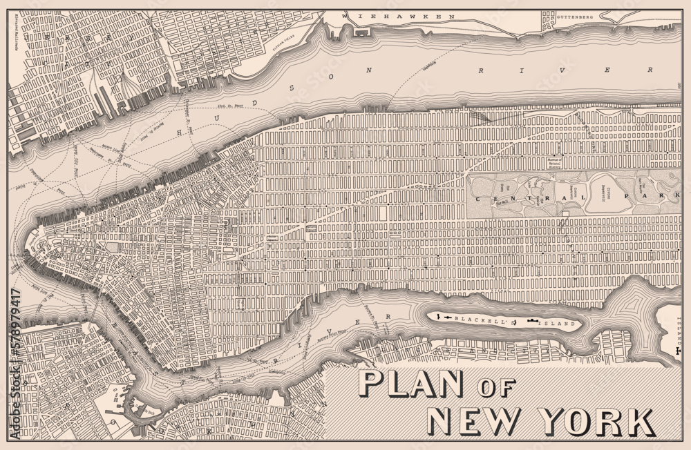 Vintage Historical map of New York City. Vector illustration. Stock ...