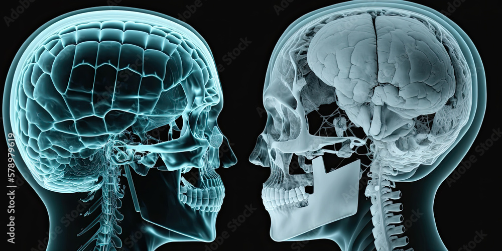 Lateral and AP (anterior-posterior) x-ray views of skull and cervical ...