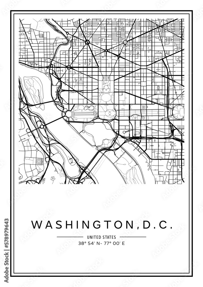 Black and white printable Washington, D.C. city map, poster design ...