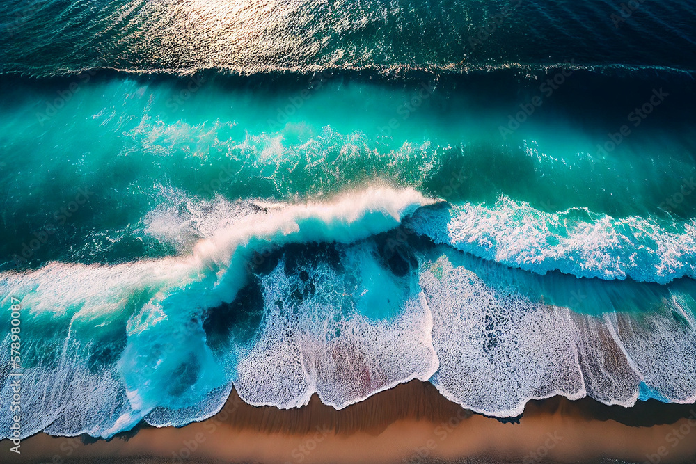 Sea waves, top view. Seashore sea waves, bright beach. Wave at beach ...