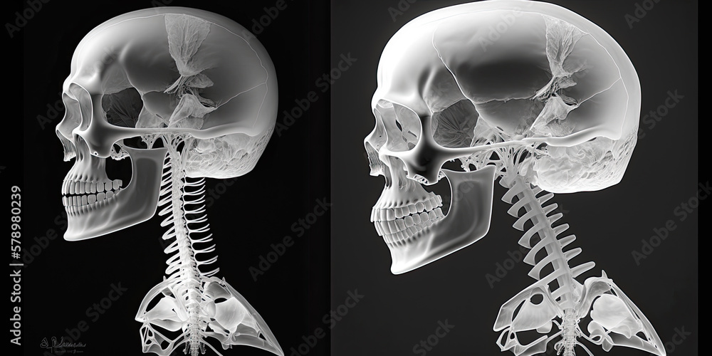 Lateral and AP (anterior-posterior) x-ray views of skull and cervical ...