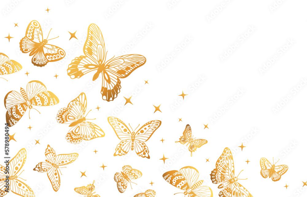 Golden butterflies backdrop. Cartoon gorgeous butterfly pattern, gold ...