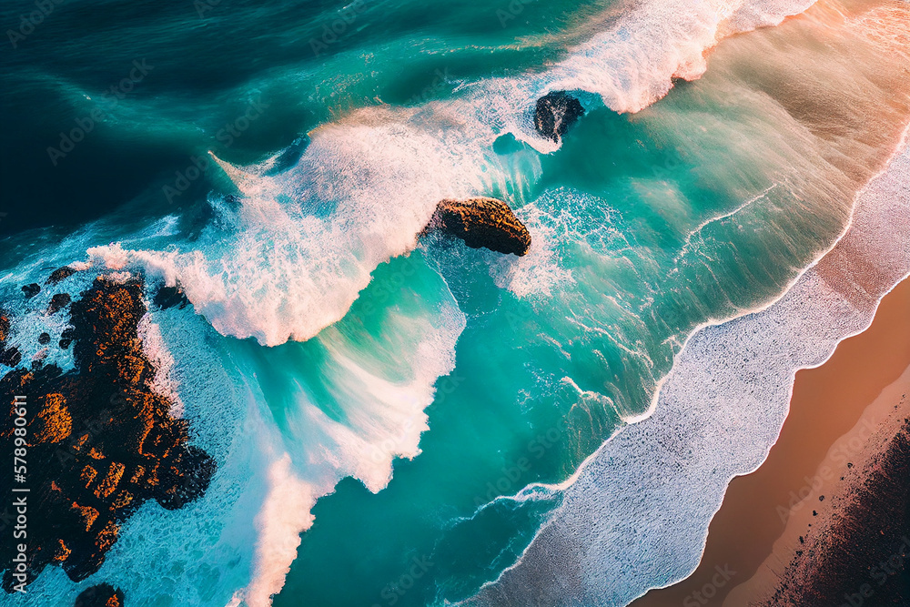 Sea waves, top view. Seashore sea waves, bright beach. Wave at beach ...