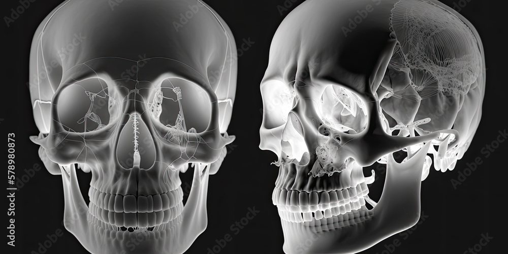 A radiograph or X-ray image of a human skull, showing both front and ...