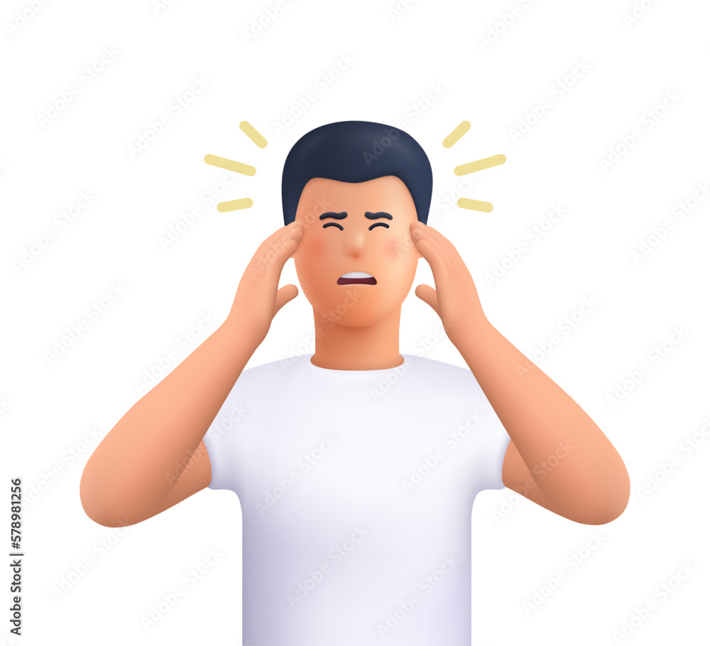 Young man in stress, holding hands on head. Migraine, stress, headache ...