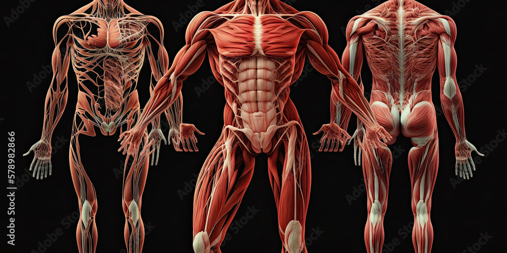 An illustration of human muscles with a blue and black background ...