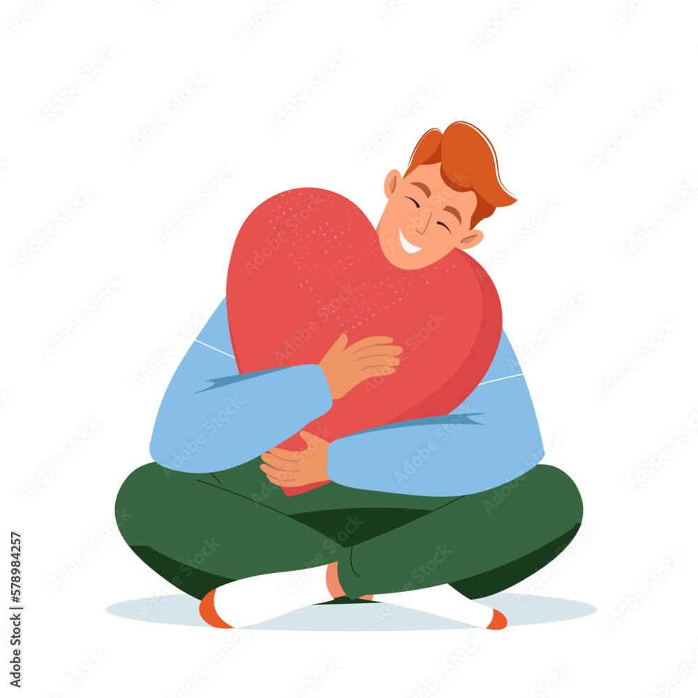 Love tenderness and care concept. Young smiling man cartoon character ... Love tenderness and care concept. Young smiling man cartoon character ...