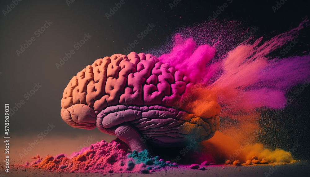 Artistic illustration of a human brain exploding with fantasy dust with ...