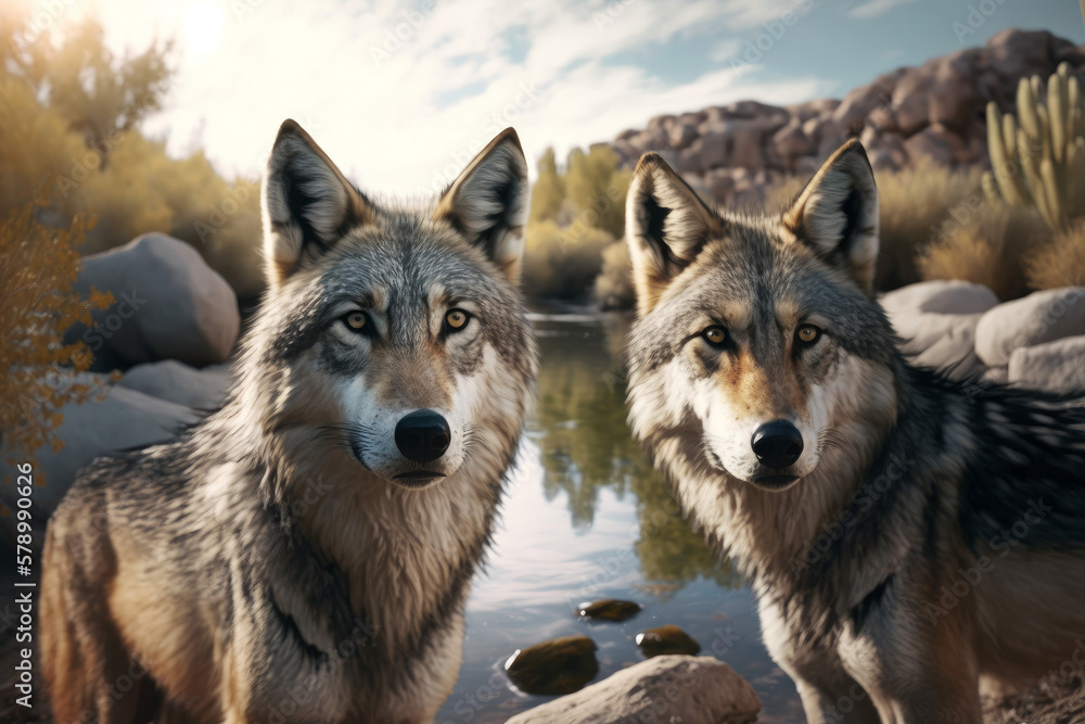 Photorealistic ai artwork of two wolves in the wild with a lake and ...