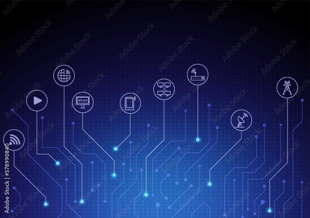 Telecom wireless circuit communication technology background. Dot blue ...