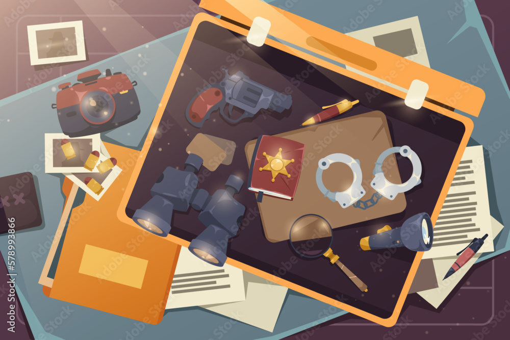 Detective desk. Police investigator workplace with equipment and crime ...