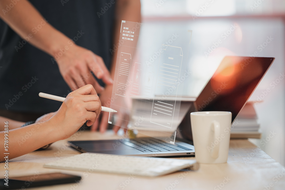 business partners analysing common sales statistics presenting deal ...