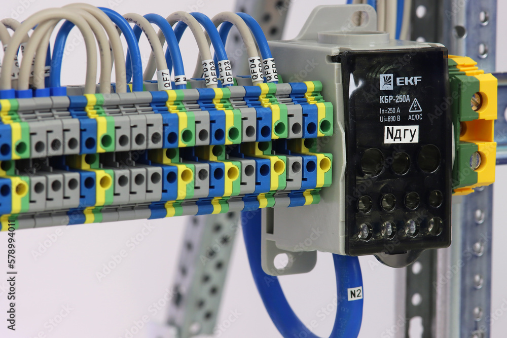Electrical screw terminals with connected insulated copper wires with ...