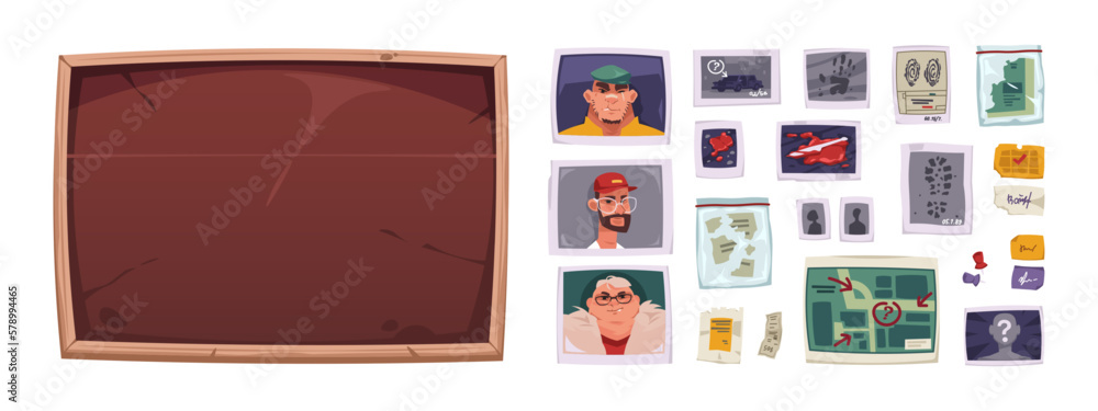 Detective board elements. Police wall pinboard with picture of suspect ...