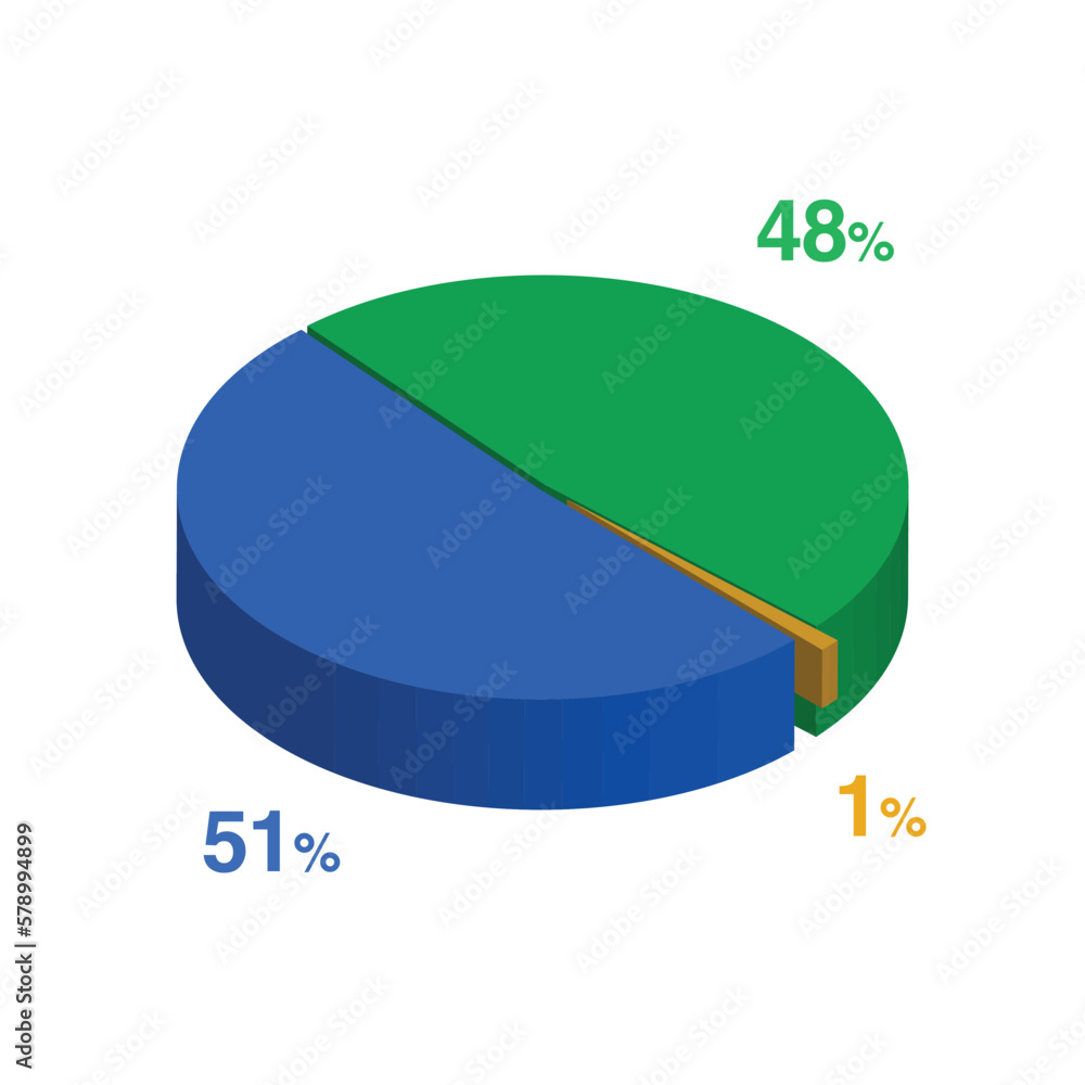 forty eight fifty one 48 51 1 one percent 3d Isometric 3 part pie chart ...