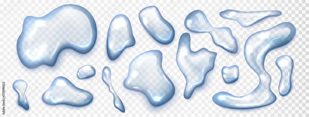 Water spill set isolated. Realistic aqua liquid splashes top view set ...