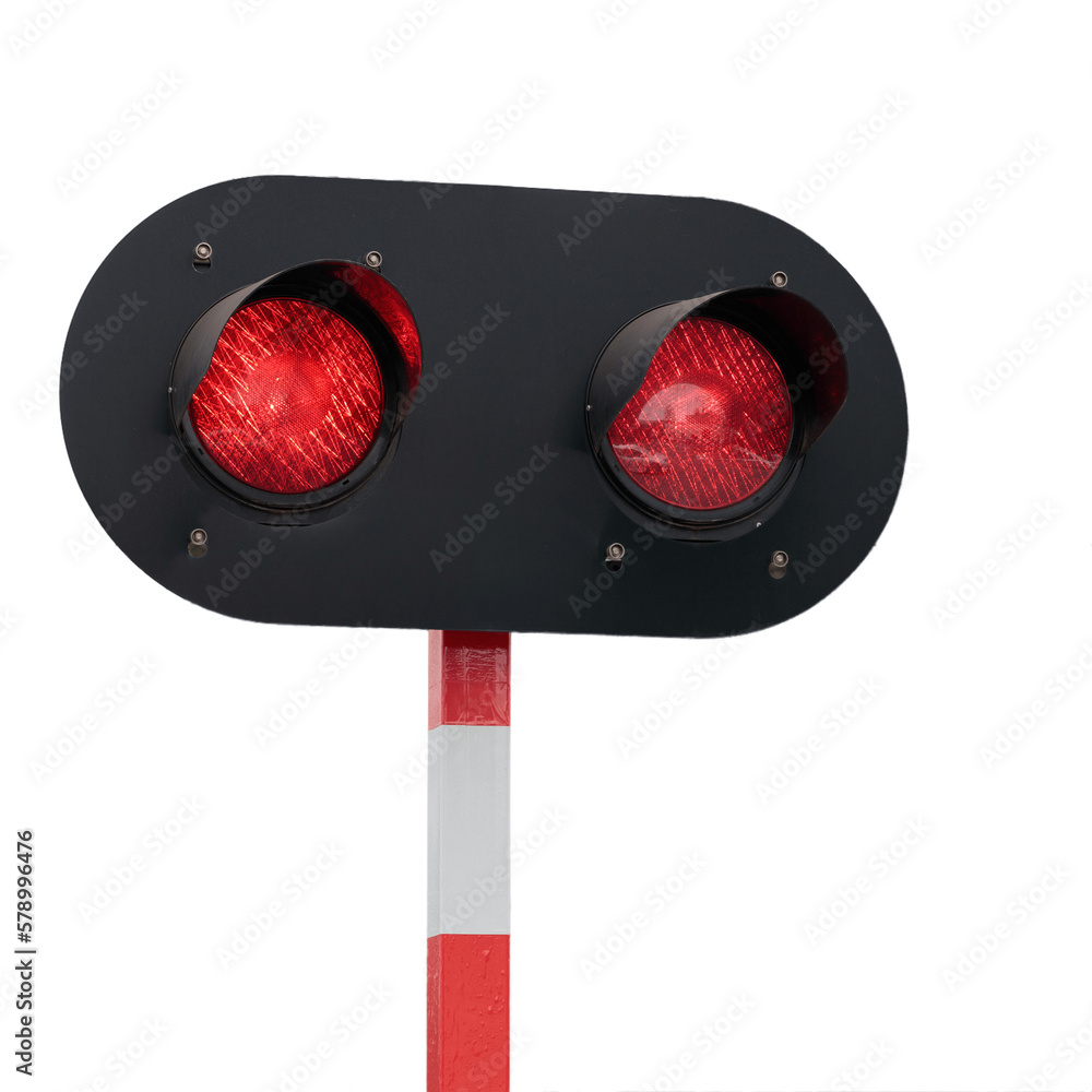 Rail traffic lights, railroad crossing with warning sign and lights wit ...
