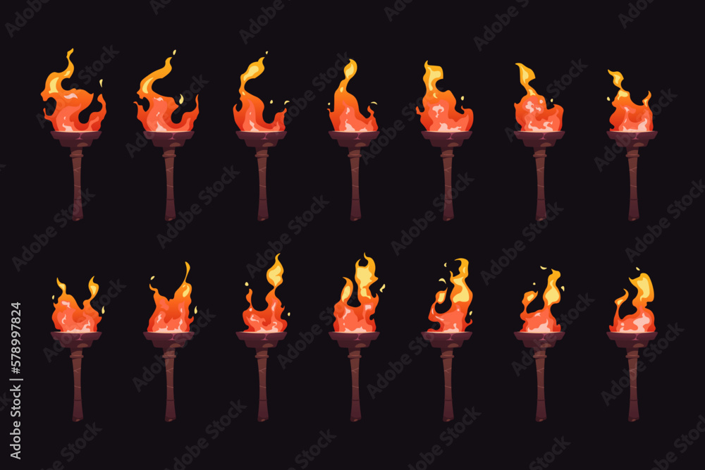 Torch burning sequence. Sprite animation frame set, cartoon medieval ...