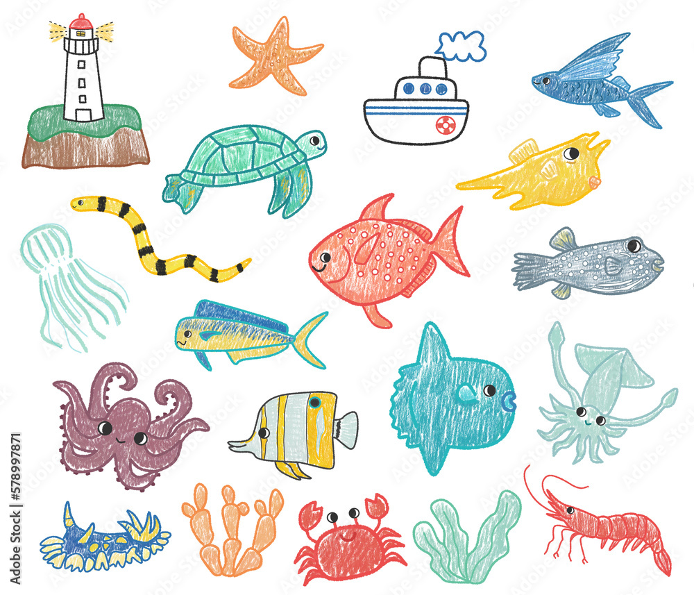 Ocean doodle hand drawn clip art. Set of cute under the sea doodle ... Ocean doodle hand drawn clip art. Set of cute under the sea doodle ...