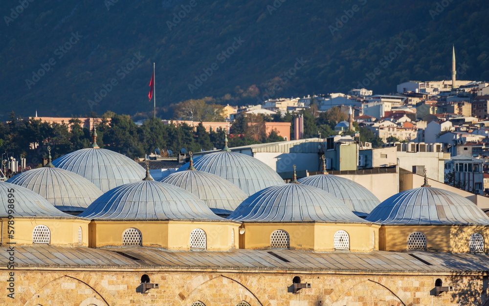 Roofs of Ulu Camii, historical mosque built by Bayezid I between 1396 ...