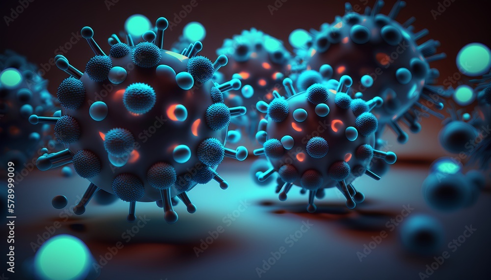 Viruses cells magnified in 3D show a menacing sight. The spherical ...