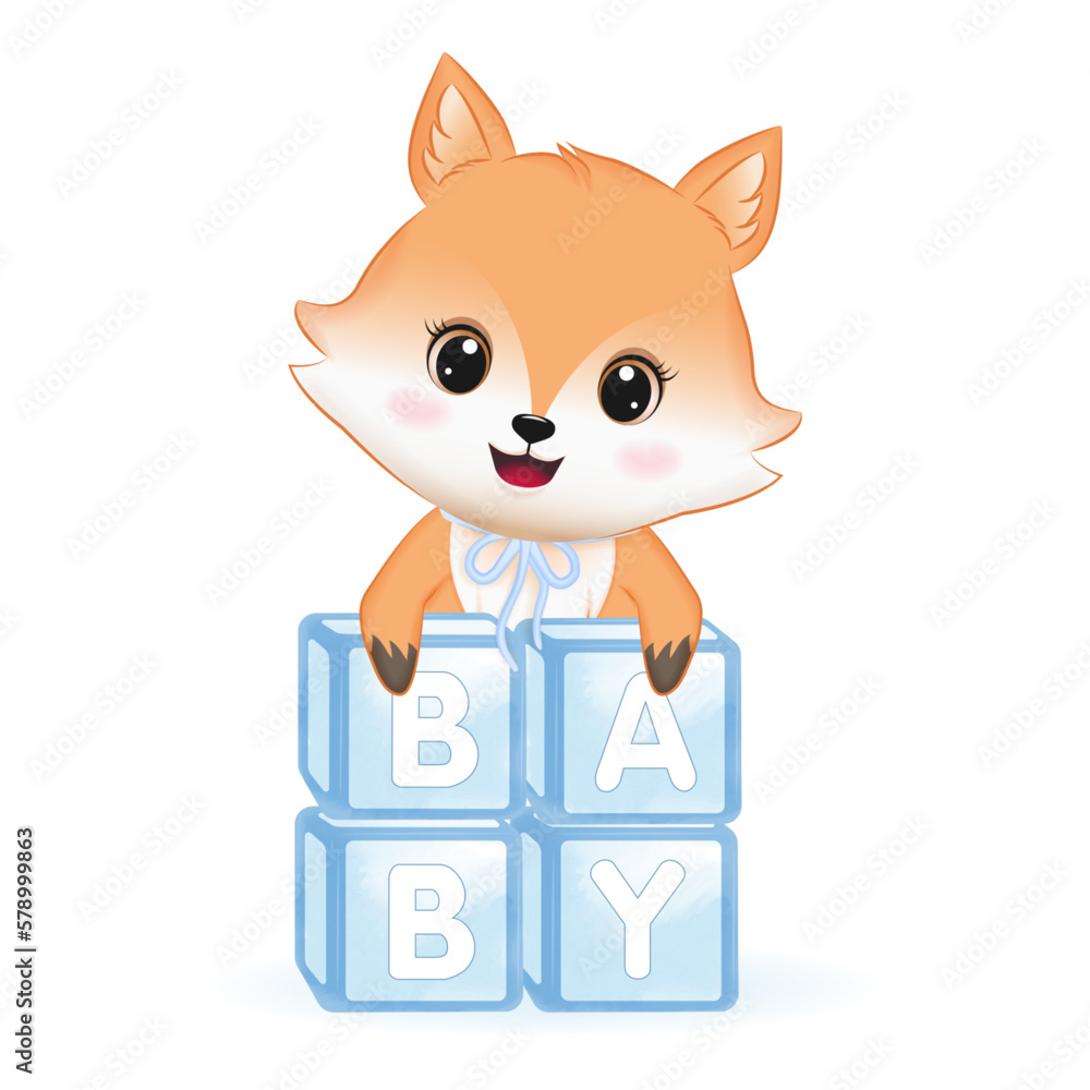 Cute fox and baby toy box hand drawn cartoon illustration watercolor ...